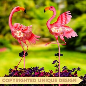 JOIEDOMI 2 Pack Pink Flamingo Garden Solar Lights, Flamingo Pathway Outdoor Stake Metal Lights, Waterproof Solar LED Flamingo Lights for Outdoor Lawn, Garden, Patio Decoration, Courtyard