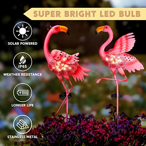 JOIEDOMI 2 Pack Pink Flamingo Garden Solar Lights, Flamingo Pathway Outdoor Stake Metal Lights, Waterproof Solar LED Flamingo Lights for Outdoor Lawn, Garden, Patio Decoration, Courtyard