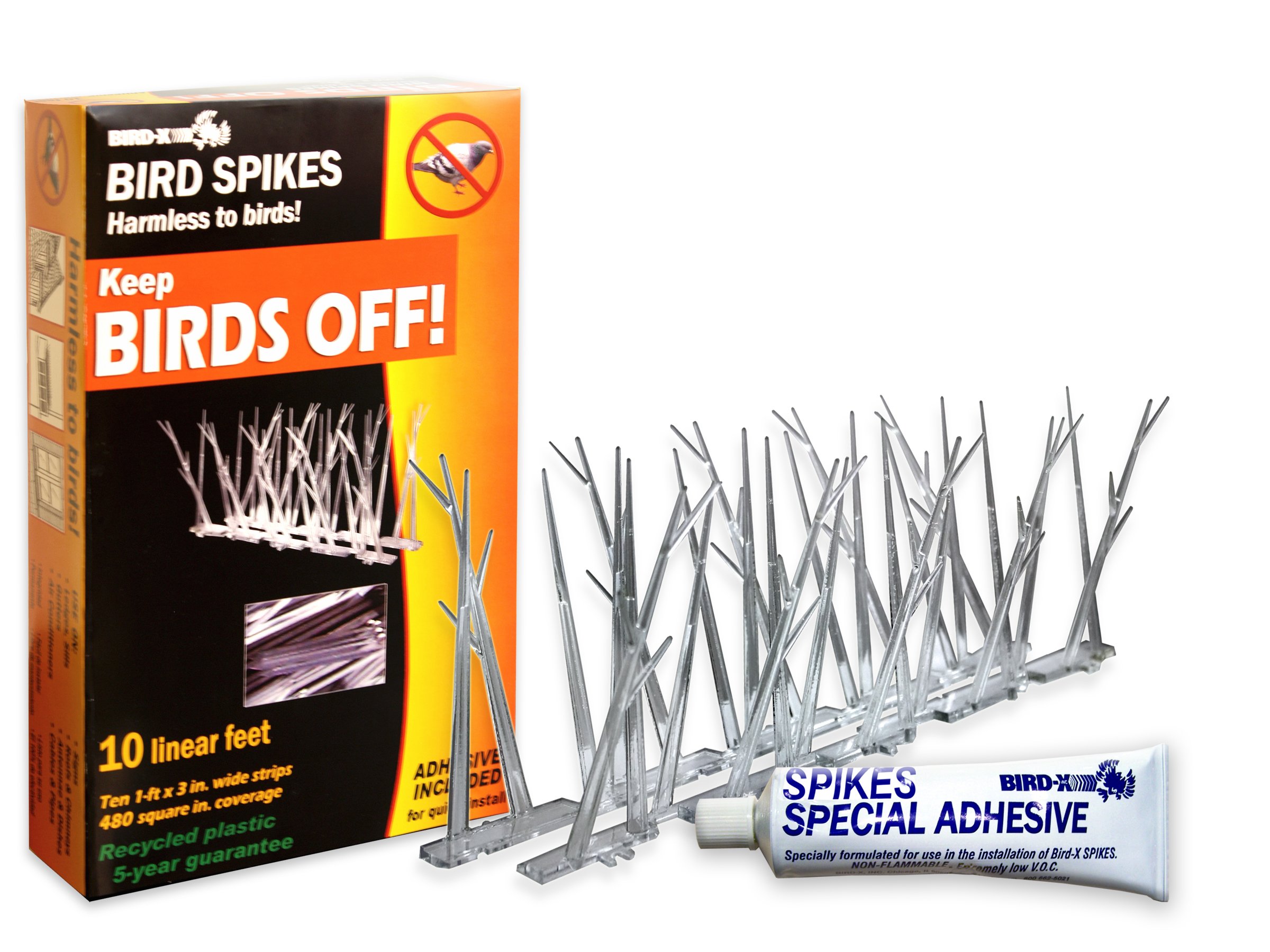 Bird-X, SP-10-NR Plastic Polycarbonate Bird Spikes Kit with Adhesive Glue, Covers 10 feet