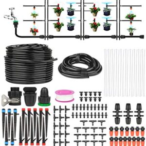 Garden Irrigation System - Drip Irrigation Kit - 42m/138ft Sprinkler System Kit Greenhouse Watering System with Adjustable Nozzle Sprinkler Sprayer & Dripper