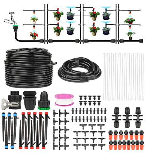 Garden Irrigation System - Drip Irrigation Kit - 42m/138ft Sprinkler System Kit Greenhouse Watering System with Adjustable Nozzle Sprinkler Sprayer & Dripper