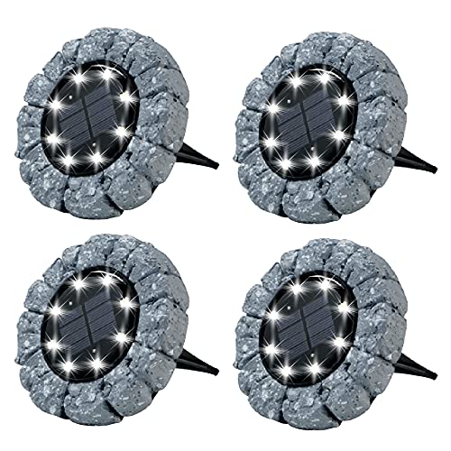 Bell+Howell Disk Lights Solar Ground Lights Stone Dark Gray -Upgraded Wireless Solar Garden Waterproof Lighting 8 LED Bulbs for Patio, Garden, Yard, 4 Packs, As Seen On TV