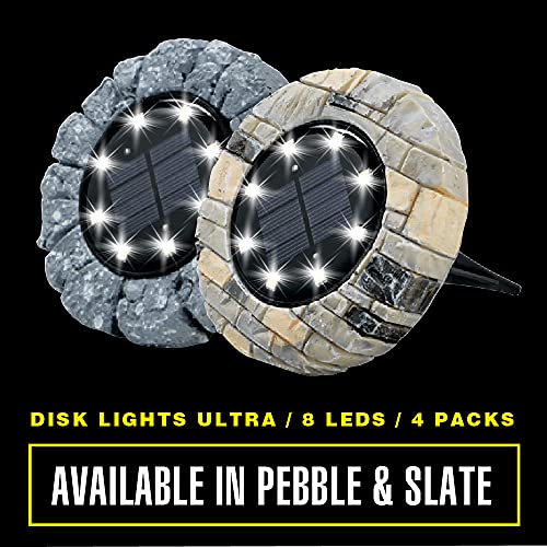 Bell+Howell Disk Lights Solar Ground Lights Stone Dark Gray -Upgraded Wireless Solar Garden Waterproof Lighting 8 LED Bulbs for Patio, Garden, Yard, 4 Packs, As Seen On TV