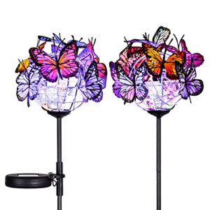 doingart outdoor solar garden lights – 2 pack solar powered garden stake lights with 18 butterflies and copper string lights, multicolor