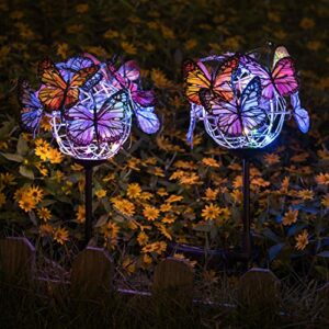 Doingart Outdoor Solar Garden Lights - 2 Pack Solar Powered Garden Stake Lights with 18 Butterflies and Copper String Lights, Multicolor