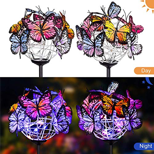 Doingart Outdoor Solar Garden Lights - 2 Pack Solar Powered Garden Stake Lights with 18 Butterflies and Copper String Lights, Multicolor