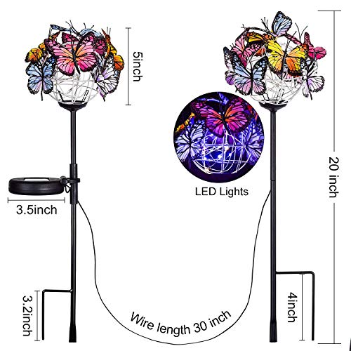 Doingart Outdoor Solar Garden Lights - 2 Pack Solar Powered Garden Stake Lights with 18 Butterflies and Copper String Lights, Multicolor