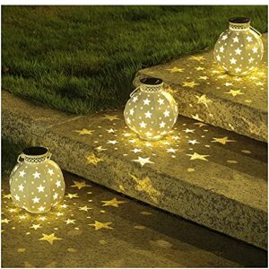 beau jardin 4 pack hanging solar lanterns outdoor metal waterproof star led decorative lights patio deco decoration warm white auto on/off landscape for tabletop yard trees garden retro white bg438