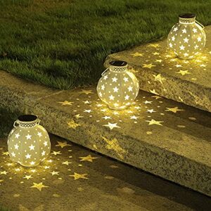 BEAU JARDIN 4 Pack Hanging Solar Lanterns Outdoor Metal Waterproof Star LED Decorative Lights Patio Deco Decoration Warm White Auto On/Off Landscape for Tabletop Yard Trees Garden Retro White BG438