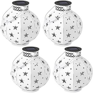 BEAU JARDIN 4 Pack Hanging Solar Lanterns Outdoor Metal Waterproof Star LED Decorative Lights Patio Deco Decoration Warm White Auto On/Off Landscape for Tabletop Yard Trees Garden Retro White BG438