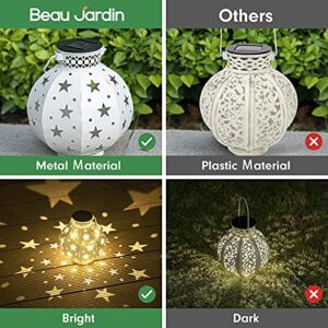 BEAU JARDIN 4 Pack Hanging Solar Lanterns Outdoor Metal Waterproof Star LED Decorative Lights Patio Deco Decoration Warm White Auto On/Off Landscape for Tabletop Yard Trees Garden Retro White BG438