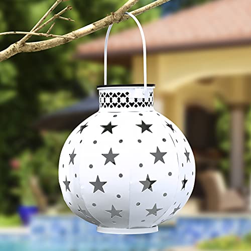 BEAU JARDIN 4 Pack Hanging Solar Lanterns Outdoor Metal Waterproof Star LED Decorative Lights Patio Deco Decoration Warm White Auto On/Off Landscape for Tabletop Yard Trees Garden Retro White BG438