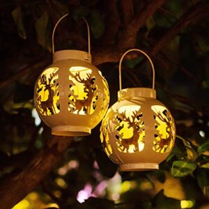 KINDDOG Solar Lanterns Outdoor, Reindeer Chrismas Metal Garden Lanterns Decor Hanging-Patio Decorations Waterproof 2 Pack (Reindeer)