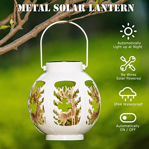 KINDDOG Solar Lanterns Outdoor, Reindeer Chrismas Metal Garden Lanterns Decor Hanging-Patio Decorations Waterproof 2 Pack (Reindeer)