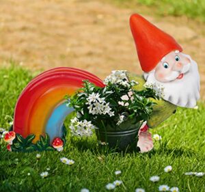 udddsr garden gnome statue, funny gnome figurine with rainbow solar led lights for garden patio yard art decoration, outdoor lawn ornaments, housewarming funny garden gifts – 14″