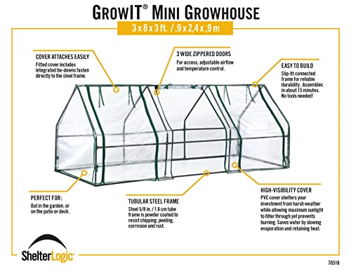 ShelterLogic 3' x 8' x 3' GrowIT Small Garden Greenhouse for Outdoors, Easy-Access & Durable