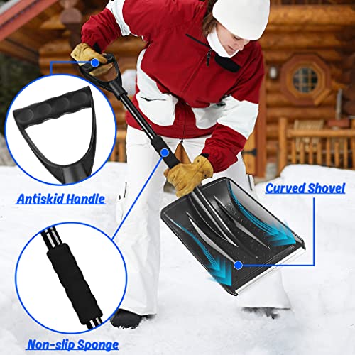 Snow Shovel, Portable Snow Shovels for Snow Removal, Lightweight Car Snow Shovel with D-Grip, Non-Slip Sponge and Durable Aluminum Blade Suitable for Driveway, Camping, Outdoor and Emergency(Black)