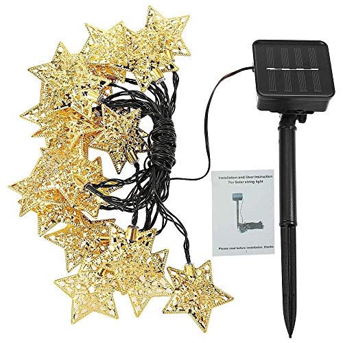 WONFAST Solar Star String Lights, 15.7FT 20LED Moroccan Metal Stars Solar Fairy Lantern Night Decorative String Lights for Garden Yard Home Landscape Christmas Party Lighting Decorations (Warm White)