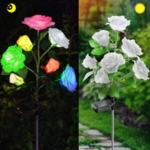 janchs [upgraded 7 color changing, with 7 flower] outdoor rose solar garden lights outdoor decorations, memorial day flowers for cemetery garden patio porch grave christmas