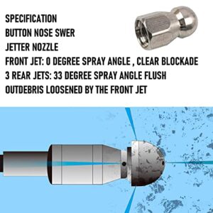 Hourleey Sewer Jetter Kit for Pressure Washer 50FT, Drain Cleaner Hose 1/4 Inch NPT, Orifice 4.0 Button Nose and Rotating Sewer Jetting Nozzle Spanner Tape Pearl Corsage Pin, 4000 PSI