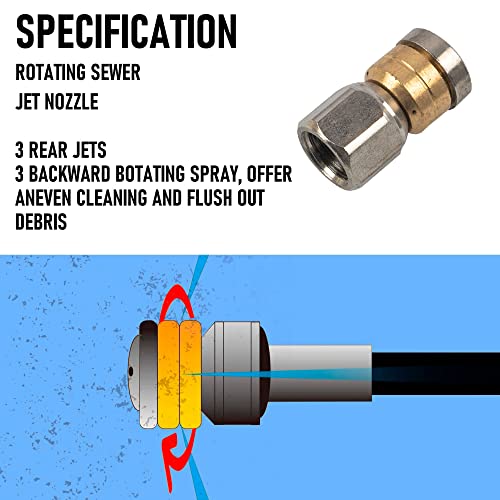 Hourleey Sewer Jetter Kit for Pressure Washer 50FT, Drain Cleaner Hose 1/4 Inch NPT, Orifice 4.0 Button Nose and Rotating Sewer Jetting Nozzle Spanner Tape Pearl Corsage Pin, 4000 PSI