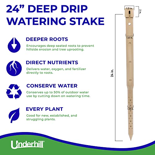 Underhill Deep Drip Irrigation Stakes 24-1/2-Inch, Case of 4 Watering Spikes for Trees with Medium Depth Roots, Drip System Parts Tubes, A-DD24