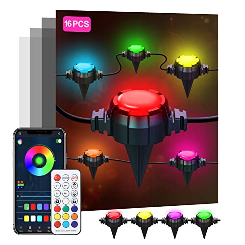 SmartCoolous Outdoor Ground Lights Multicolor RGBIC Pathway Lights IP67 Waterproof Garden Lawn Lights 16PCS Bluetooth App Control Pathway Lights with Multiple Scene Modes（Line Length 14 metros）