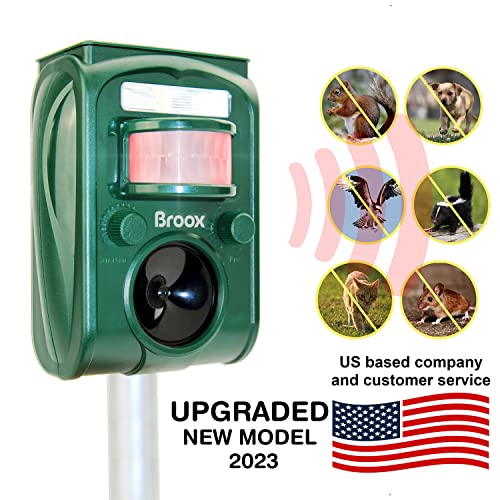 Broox 2023 Upgraded Solar Animal Repeller, Ultrasonic Repellent, Waterproof, Wireless, Motion Detection, LED Flashing Light, Dog, Cat Repellent, Squirrel, Raccoon, Skunk, Rabbit, Rodent, Fox, Deer