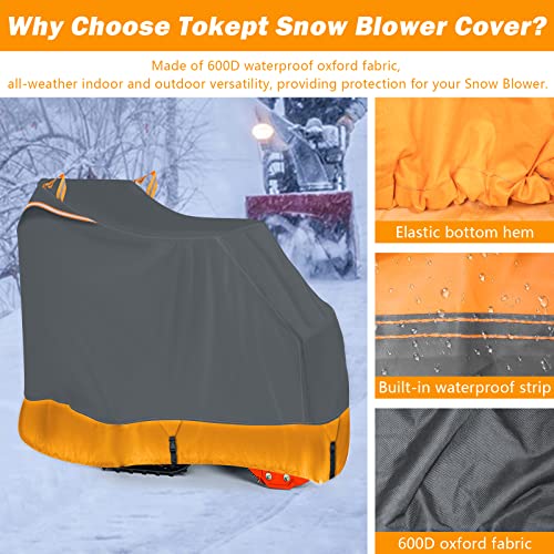 Tokept Snow Blower Cover, Heavy Duty 600D Oxford Fabric, with Drawstring Reflective Strip Triangle Straps, Universal Snowblower All-Weather Outdoor Waterproof Snow Protection Cover (Gray&Orange)