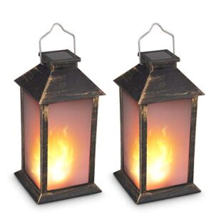 13″ vintage style solar powered flame effect (metallic coating black,plastic),garden light vivid fire effect,outdoor solar hanging lantern,decorative candle lanterns zkee (set of 2)