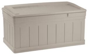 suncast db9750 129 gallon large waterproof outdoor storage container for patio furniture, pools toys, yard tools extended deck box, h27 1/2, w/lid and seat, taupe