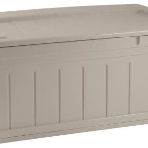 Suncast DB9750 129 Gallon Large Waterproof Outdoor Storage Container for Patio Furniture, Pools Toys, Yard Tools Extended Deck Box, H27 1/2, w/Lid and Seat, Taupe