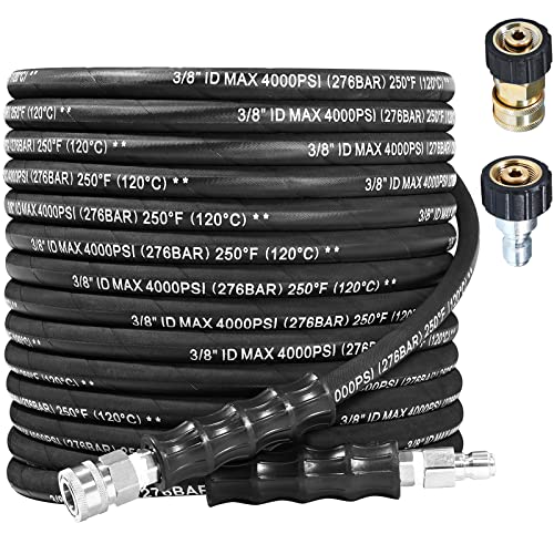 TOOLCY 3/8" Pressure Washer Hose 4000 PSI X 50 FT, Stainless 3/8" Swivel QC Kink Resistant, 250℉ Hot Water Compatible Steel Wire Braided & Rubber Jacket, Easy Loading 3/8" NPT X M22-14mm Adapter Kits