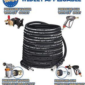 TOOLCY 3/8" Pressure Washer Hose 4000 PSI X 50 FT, Stainless 3/8" Swivel QC Kink Resistant, 250℉ Hot Water Compatible Steel Wire Braided & Rubber Jacket, Easy Loading 3/8" NPT X M22-14mm Adapter Kits