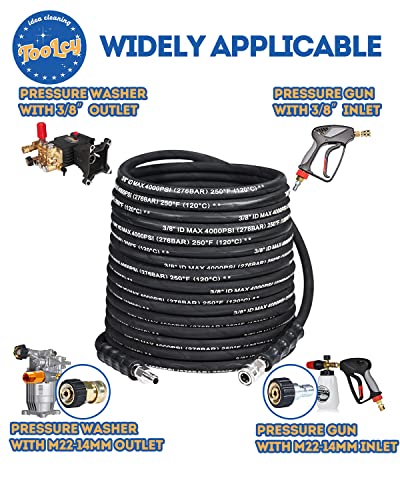 TOOLCY 3/8" Pressure Washer Hose 4000 PSI X 50 FT, Stainless 3/8" Swivel QC Kink Resistant, 250℉ Hot Water Compatible Steel Wire Braided & Rubber Jacket, Easy Loading 3/8" NPT X M22-14mm Adapter Kits