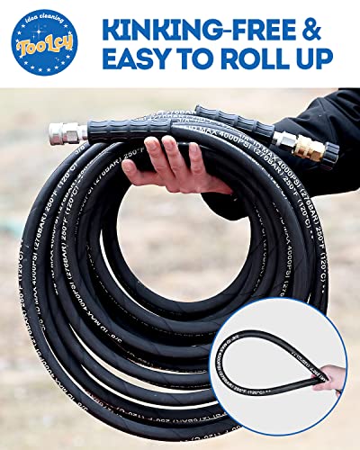 TOOLCY 3/8" Pressure Washer Hose 4000 PSI X 50 FT, Stainless 3/8" Swivel QC Kink Resistant, 250℉ Hot Water Compatible Steel Wire Braided & Rubber Jacket, Easy Loading 3/8" NPT X M22-14mm Adapter Kits