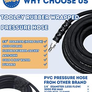 TOOLCY 3/8" Pressure Washer Hose 4000 PSI X 50 FT, Stainless 3/8" Swivel QC Kink Resistant, 250℉ Hot Water Compatible Steel Wire Braided & Rubber Jacket, Easy Loading 3/8" NPT X M22-14mm Adapter Kits