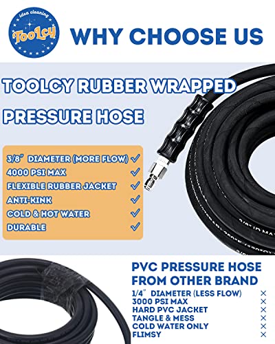 TOOLCY 3/8" Pressure Washer Hose 4000 PSI X 50 FT, Stainless 3/8" Swivel QC Kink Resistant, 250℉ Hot Water Compatible Steel Wire Braided & Rubber Jacket, Easy Loading 3/8" NPT X M22-14mm Adapter Kits