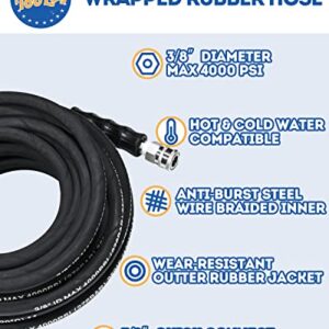 TOOLCY 3/8" Pressure Washer Hose 4000 PSI X 50 FT, Stainless 3/8" Swivel QC Kink Resistant, 250℉ Hot Water Compatible Steel Wire Braided & Rubber Jacket, Easy Loading 3/8" NPT X M22-14mm Adapter Kits