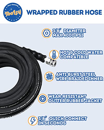 TOOLCY 3/8" Pressure Washer Hose 4000 PSI X 50 FT, Stainless 3/8" Swivel QC Kink Resistant, 250℉ Hot Water Compatible Steel Wire Braided & Rubber Jacket, Easy Loading 3/8" NPT X M22-14mm Adapter Kits