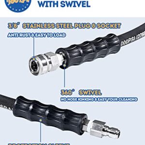 TOOLCY 3/8" Pressure Washer Hose 4000 PSI X 50 FT, Stainless 3/8" Swivel QC Kink Resistant, 250℉ Hot Water Compatible Steel Wire Braided & Rubber Jacket, Easy Loading 3/8" NPT X M22-14mm Adapter Kits