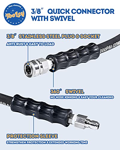 TOOLCY 3/8" Pressure Washer Hose 4000 PSI X 50 FT, Stainless 3/8" Swivel QC Kink Resistant, 250℉ Hot Water Compatible Steel Wire Braided & Rubber Jacket, Easy Loading 3/8" NPT X M22-14mm Adapter Kits