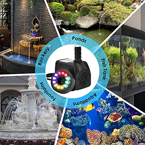 BUYGOO 10Watt 160 GPH Submersible Fountain Pump wiht LED Light Ultra Quiet Durable Small Fountain Water Pump Outdoor for Water Feature, Outdoor Pond, Aquarium fish tanks, Home Décor Fountain