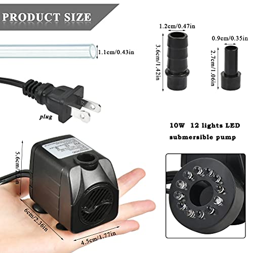 BUYGOO 10Watt 160 GPH Submersible Fountain Pump wiht LED Light Ultra Quiet Durable Small Fountain Water Pump Outdoor for Water Feature, Outdoor Pond, Aquarium fish tanks, Home Décor Fountain