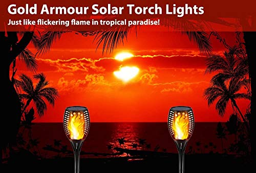 Gold Armour 2 Pack Solar Lights Upgraded - Flickering Flames Torch Solar Path Light - Dancing Flame Lighting 96 Led Dusk to Dawn Flickering Tiki Torches Outdoor Waterproof Garden