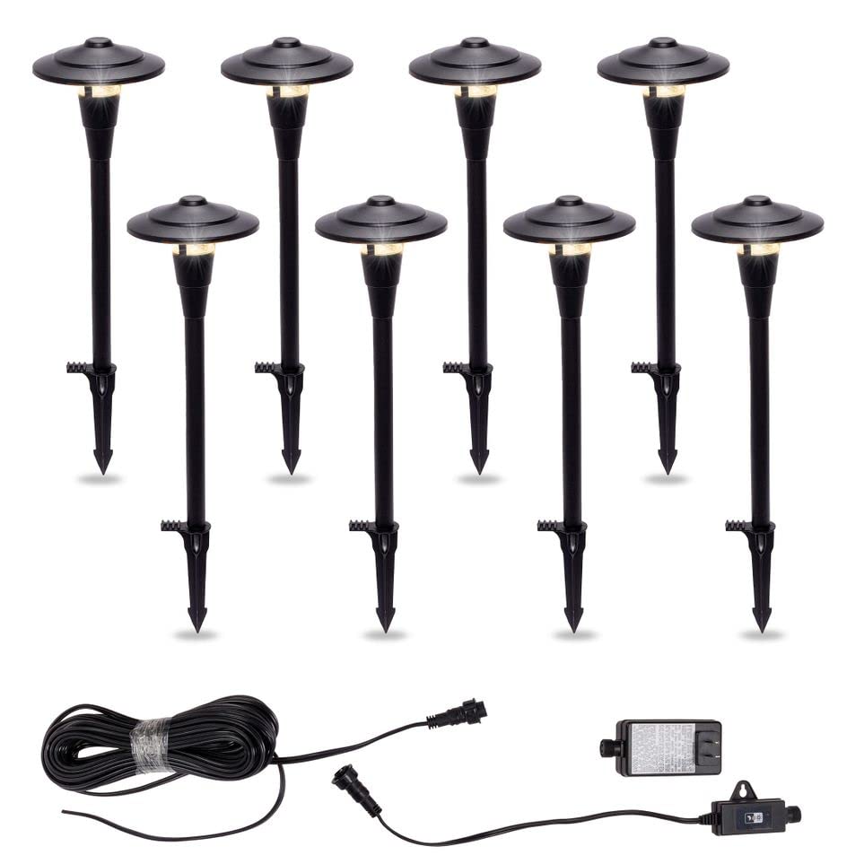 GreenLighting Low Voltage Outdoor Lights - Modern Skyline Path Stake Lights - Walkway Lights, Garden and Lawn Lights - Includes Transformer, Control Box and Landscape Wire (8 Pack)