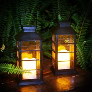 newvivid 2 pack outdoor garden hanging lanterns with waterproof led flickering flameless candle solar powered lights yard decor outdoor decorative for pathway courtyard party patio (black)