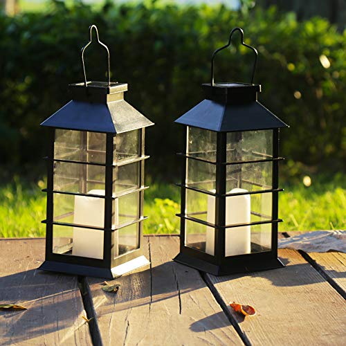 newvivid 2 Pack Outdoor Garden Hanging Lanterns with Waterproof LED Flickering Flameless Candle Solar Powered Lights Yard Decor Outdoor Decorative for Pathway Courtyard Party Patio (Black)