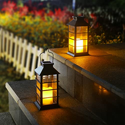 newvivid 2 Pack Outdoor Garden Hanging Lanterns with Waterproof LED Flickering Flameless Candle Solar Powered Lights Yard Decor Outdoor Decorative for Pathway Courtyard Party Patio (Black)