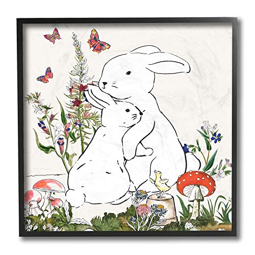 Stupell Industries Rabbit Hugs in Spring Meadow Butterfly Garden, Design by Sangita Bachelet Black Framed Wall Art, 12 x 12, Off- White